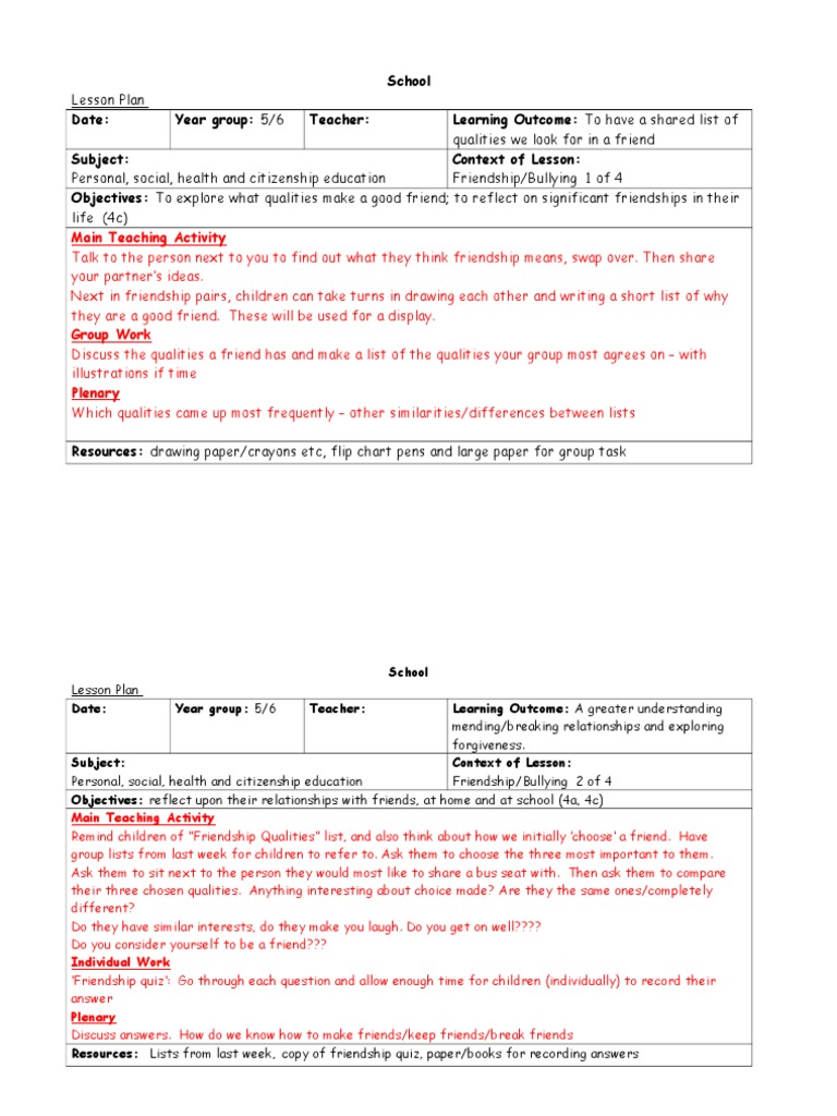 Friendship-Bullying Lesson Plans | PDF | Friendship | Lesson Plan