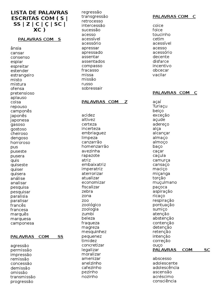 Lista de Palavras Escritas Com s Ss Sc | Fonologia | Fonética
