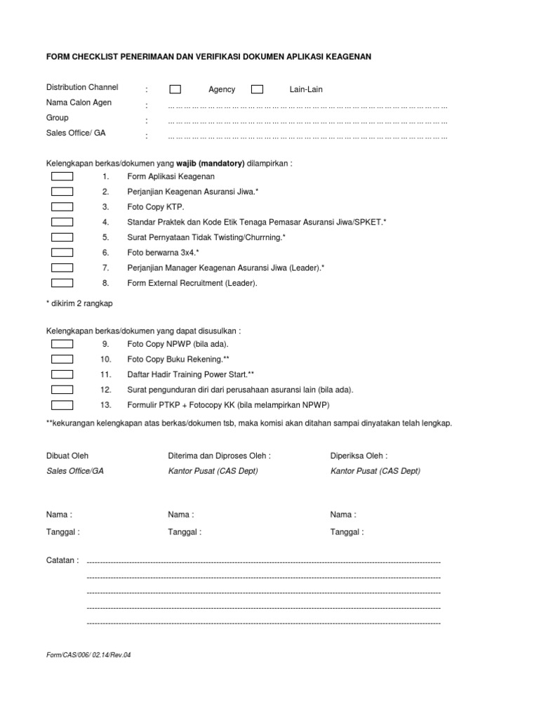 Form Checklist Penerimaan Dan Verifikasi Dokumen Aplikasi Keagenan ...