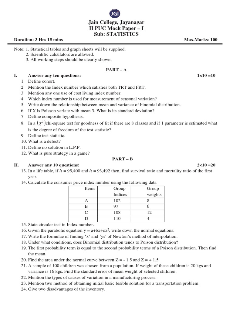 II PUC Statistics Mock Paper I | Arithmetic Mean | Variance
