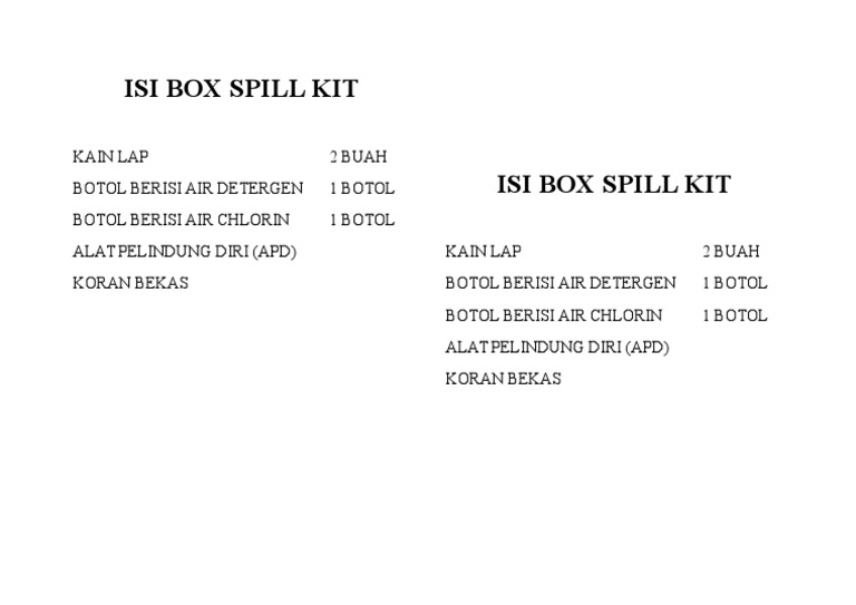 Isi Box Spill Kit | PDF | Memasak, Makanan, & Anggur | Sains & Matematika