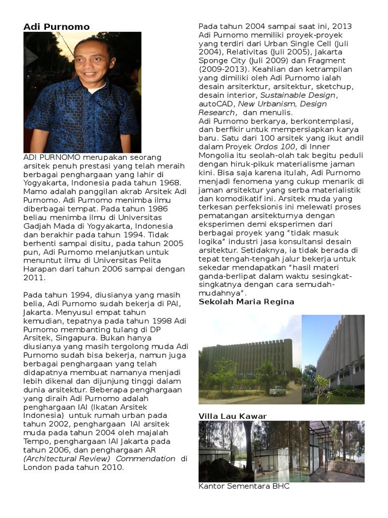 KARYA DAN PENGHARGAAN ARSITEK MULTI PRESTASI ADI PURNOMO | PDF