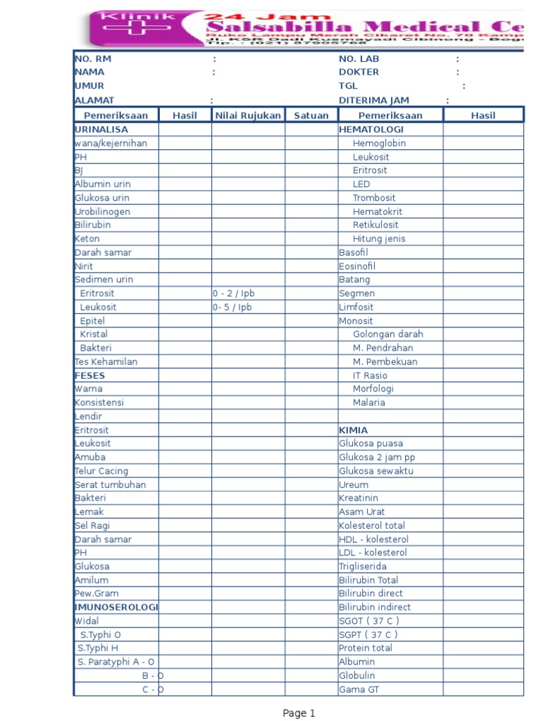 Form Hasil Lab Nilai Normal | PDF