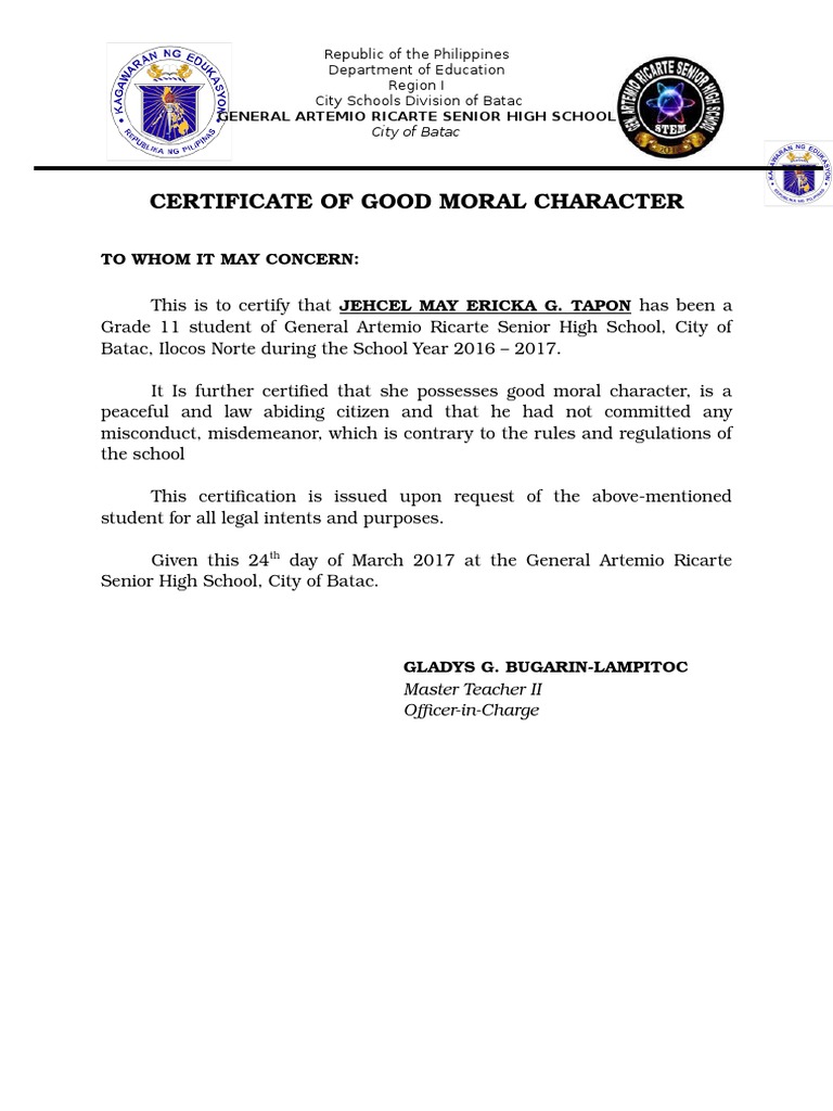 Certificate of Good Moral Character | PDF