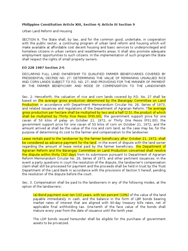 Philippine Constitution Article XIII, Section 4 Article III Section 9 ...