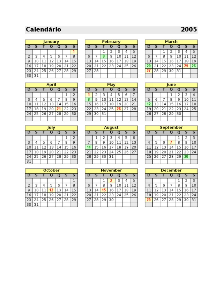 Calendário e feriados de 2005 em um único documento | PDF | Páscoa ...
