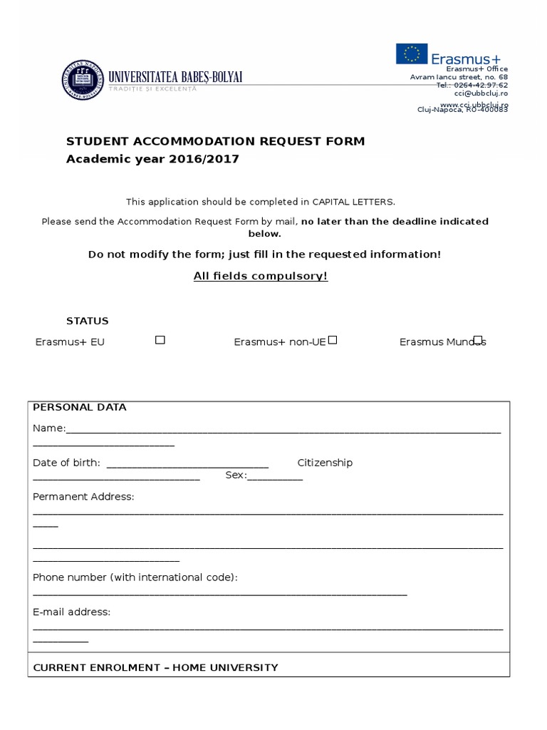 Erasmus+ Student Accommodation Form | PDF | Dormitory | Business