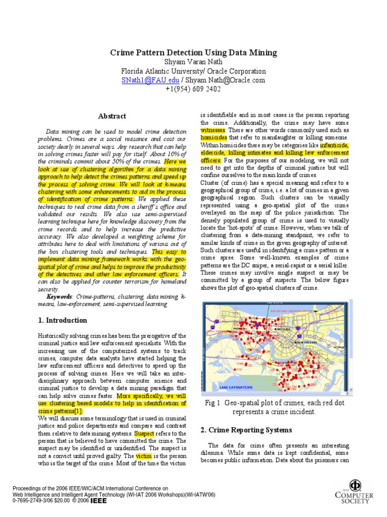 Crime Pattern Detection Using Data Mining: Snath1@Fau - Edu | PDF | Cluster Analysis | Data Mining