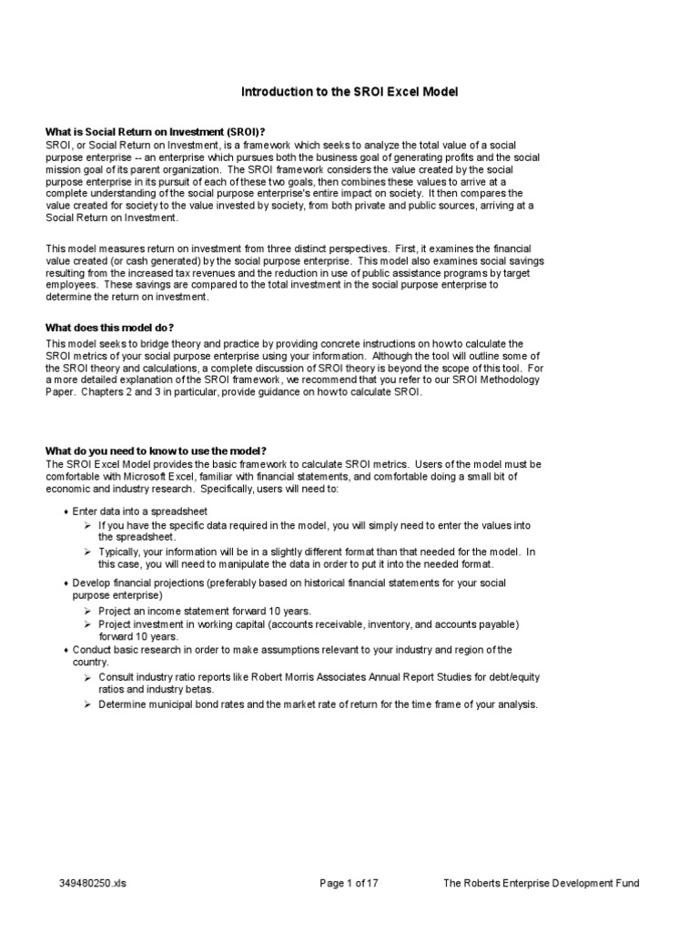 SROI Excel Model Overview and Guide | PDF | Cost Of Capital | Investing