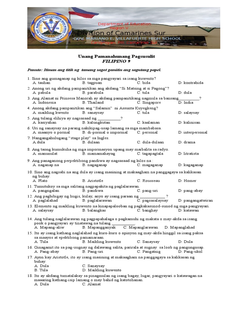 Unang Panahunang Pagsusulit K To 12 Grade 9 | PDF