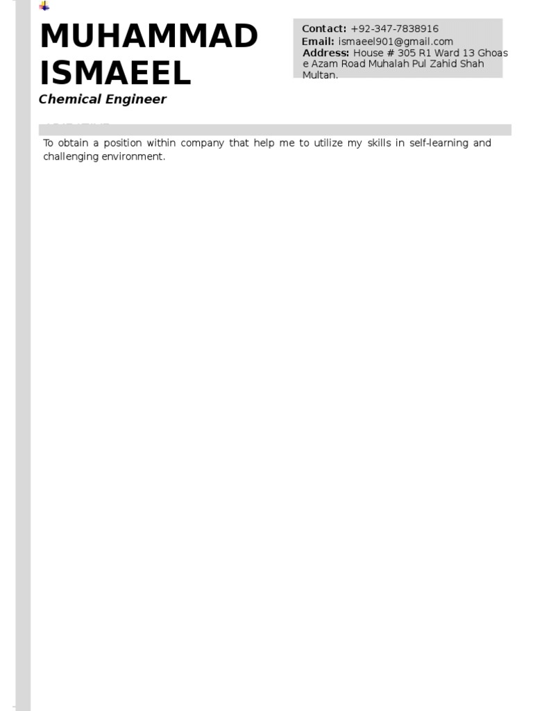 Muhammad Ismaeel: Chemical Engineer | PDF