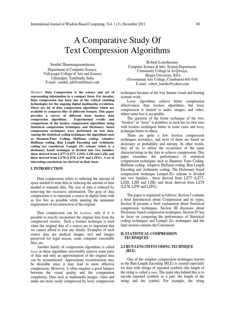 A Comparitive Study of Text Compression Algorithms PDF | PDF | Data Compression | Areas Of ...