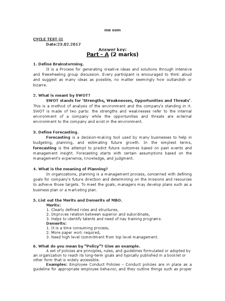 Part - A (2 Marks) : Answer Key | PDF