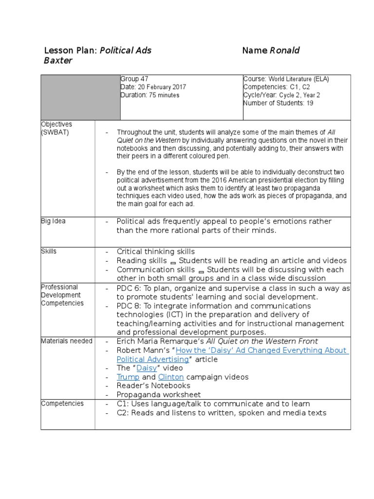 Aqotwf Political Ads Lesson Plan | PDF | Reading (Process) | Advertising
