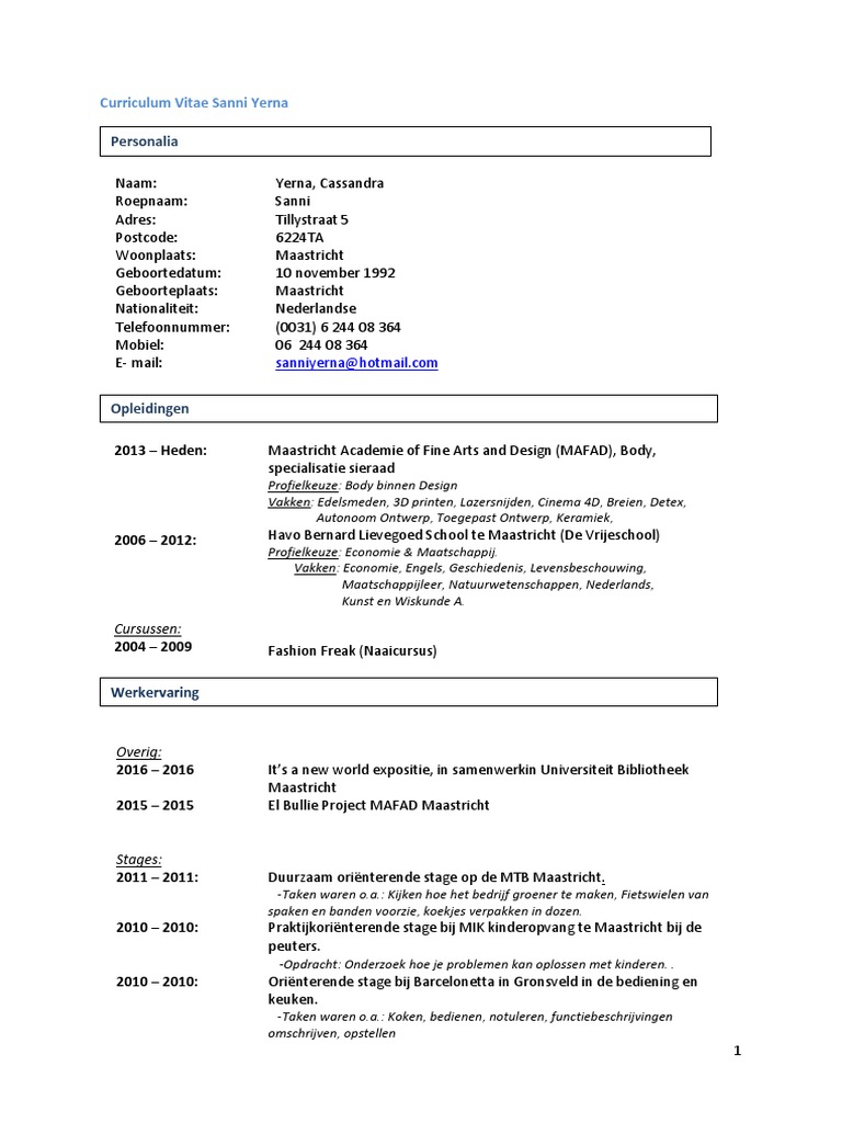 Personalia: Curriculum Vitae Sanni Yerna | PDF