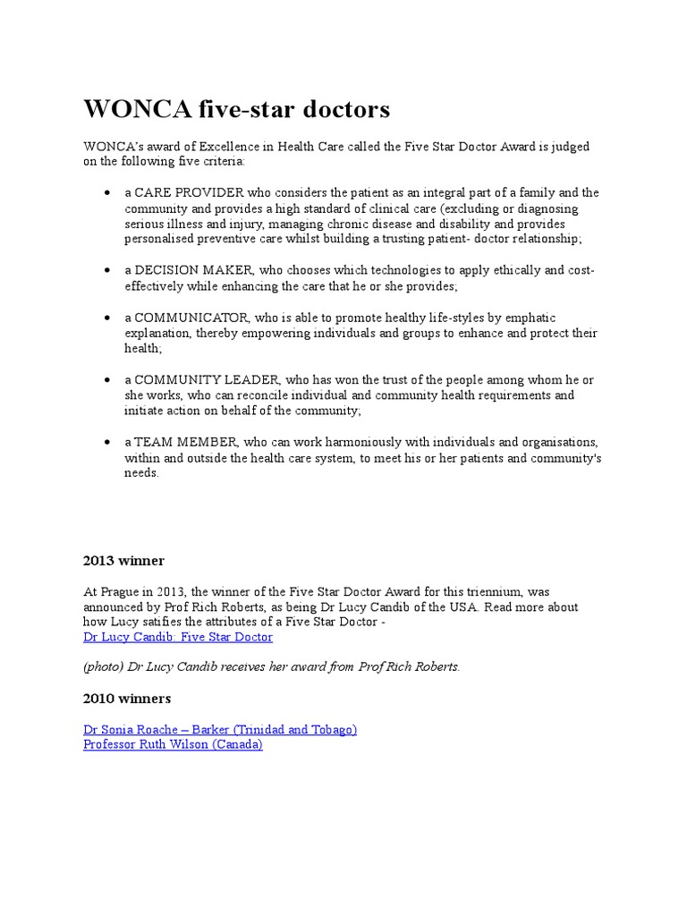 WONCA Five-Star Doctors: 2013 Winner | PDF | Self-Improvement