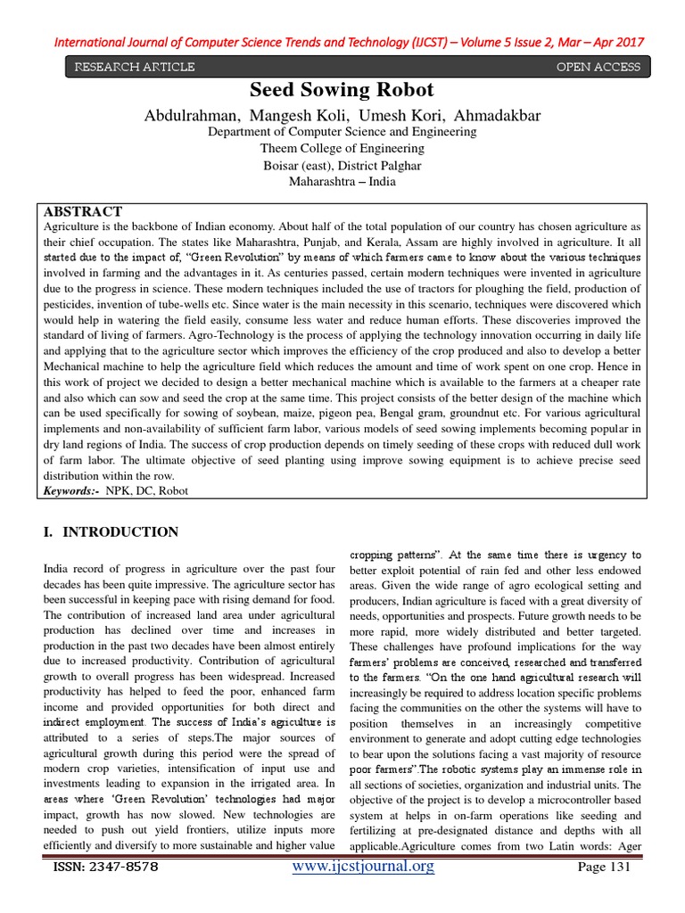 (IJCST-V5I2P27) :abdulrahman, Mangesh Koli, Umesh Kori, Ahmadakbar | PDF | Sowing | Agriculture