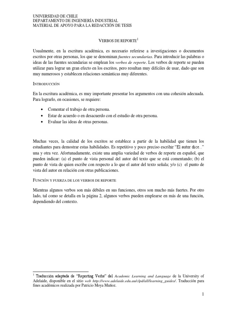 Verbos de Reporte en Espanol | Verbo | Autor