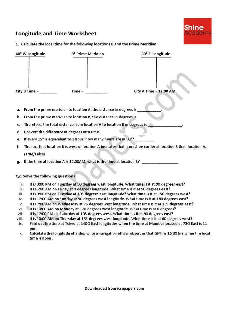 Longitude and Time Worksheet | PDF | Longitude | Geomatics