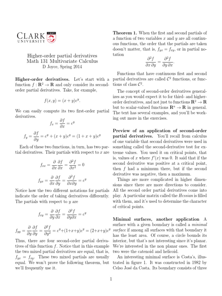 Higher-Order Partial Derivatives Math 131 Multivariate Calculus ...