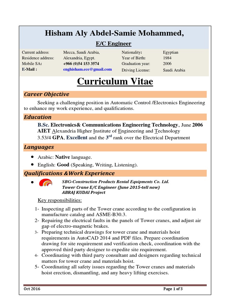 Curriculum Vitae: Hisham Aly Abdel-Samie Mohammed | PDF | Crane (Machine) | Automation