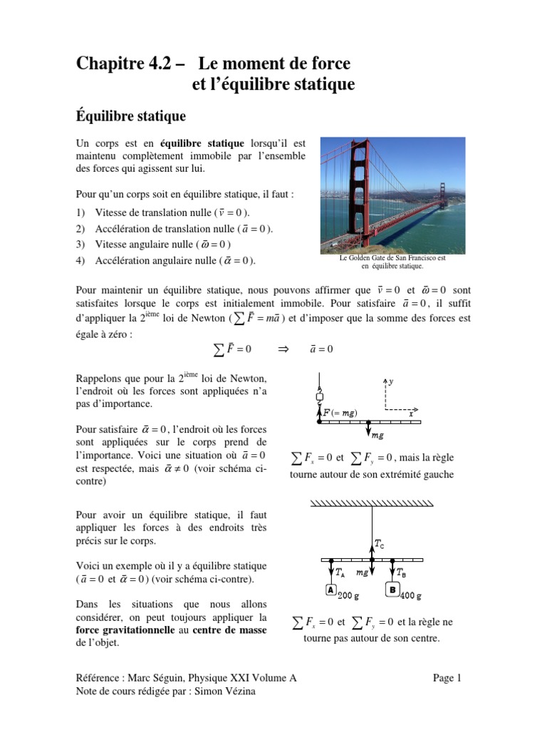 Le Moment de Force Et L'équilibre Statique | PDF | Moment d'une force ...