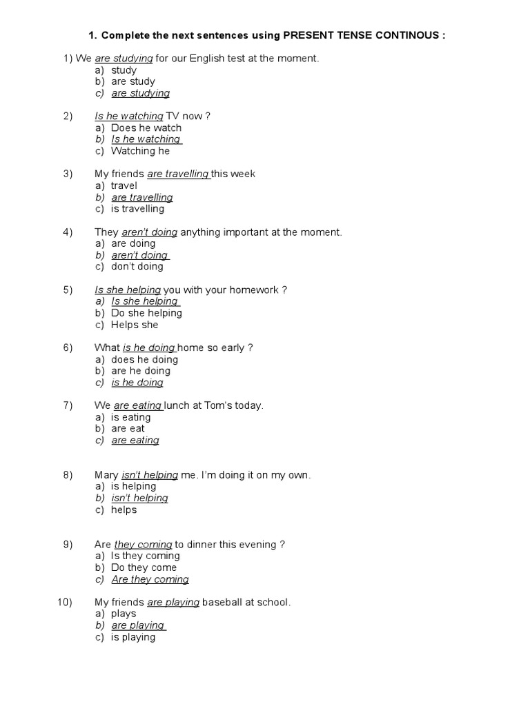 Complete The Next Sentences Using PRESENT TENSE CONTINOUS | PDF ...