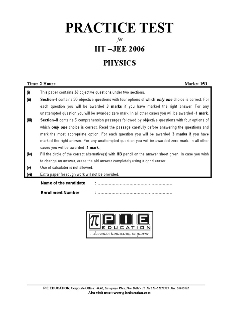 Practice Test: IIT JEE 2006 | PDF | Electronvolt | Capacitor