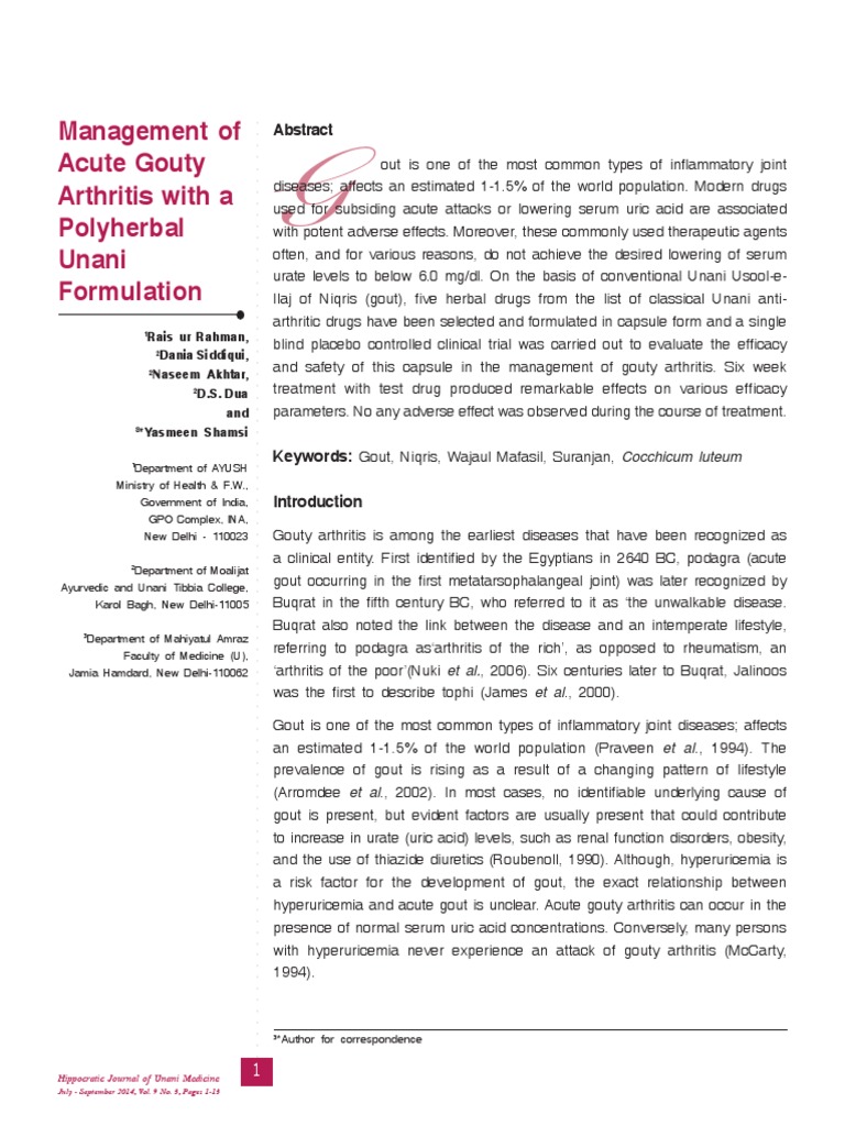 Management of Acute Gouty Arthritis With A Polyherbal Unani Formulation ...