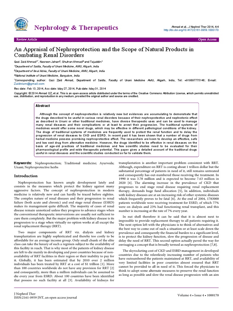 An Appraisal of Nephroprotection and The Scope of Natural Products in ...