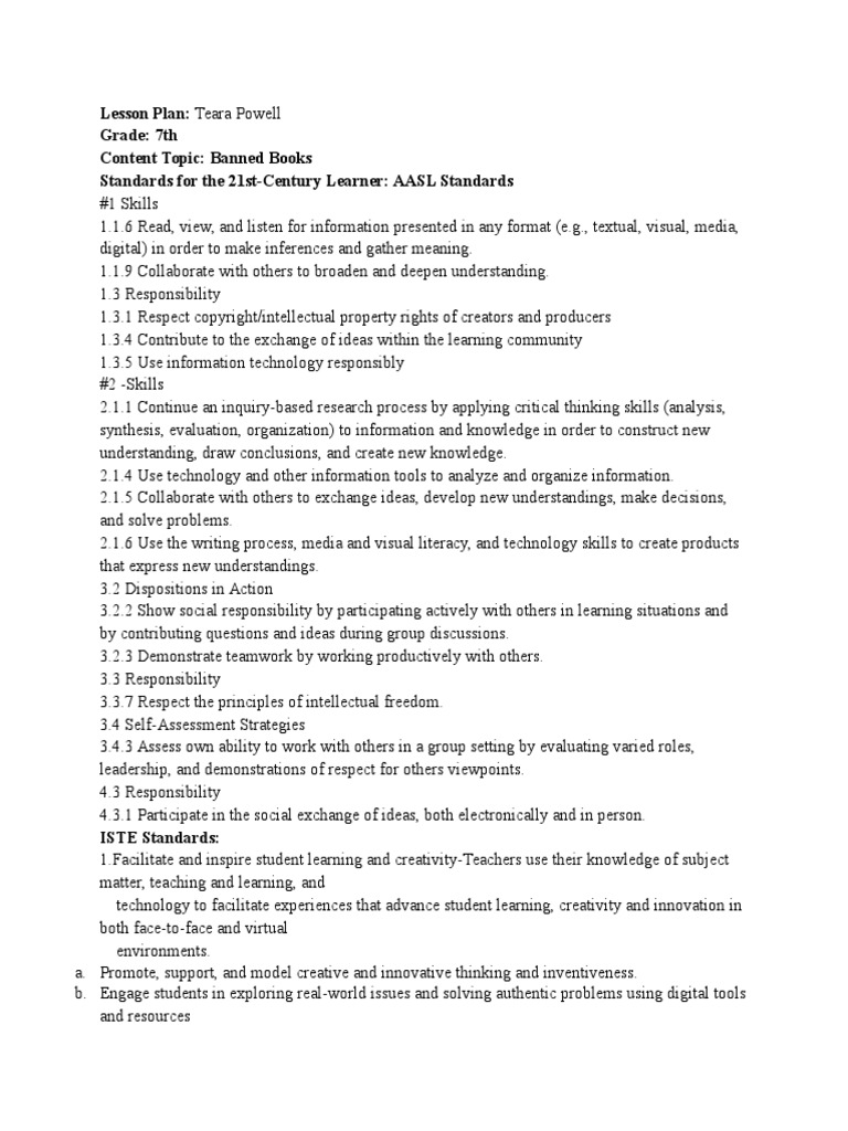Lesson Plan: Teara Powell Grade: 7th Content Topic: Banned Books ...