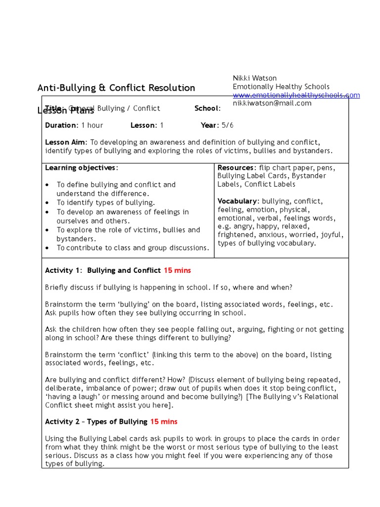 Anti Bullying & Conflict - Lesson Plan 1 | Bullying | Emotions