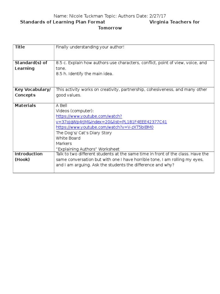 Standards of Learning Plan Format Virginia Teachers For Tomorrow | PDF ...