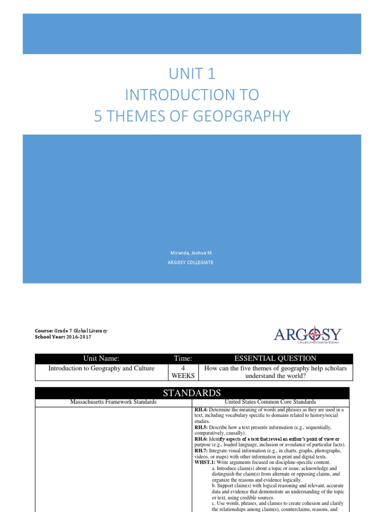 Unit 1 Introduction To 5 Themes of Geopgraphy: Miranda, Joshua M ...
