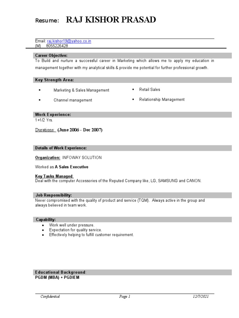 Raj Kishor Prasad: Resume | PDF | Market (Economics) | Master Of Business Administration