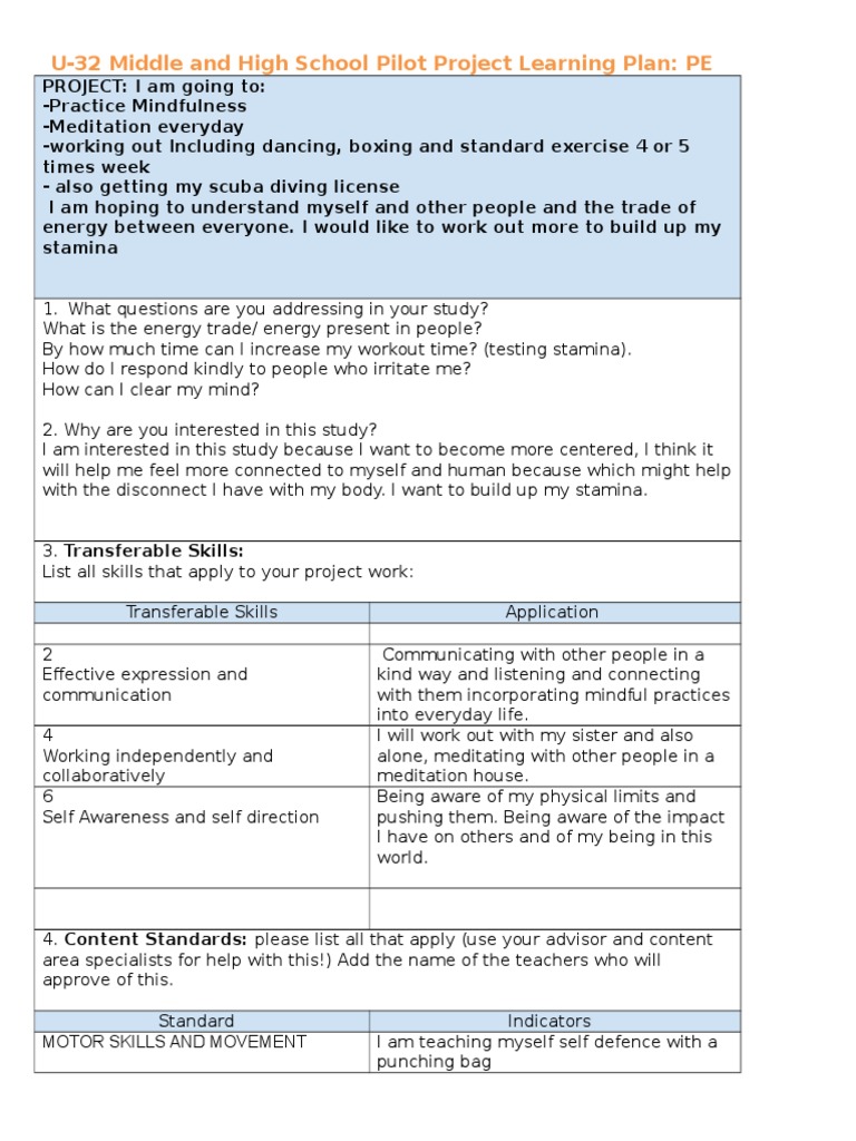 U-32 Middle and High School Pilot Project Learning Plan: PE | PDF ...