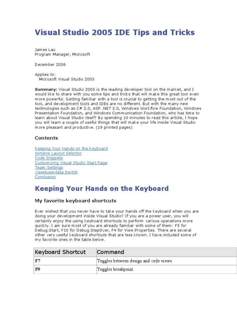 Visual Studio 2005 IDE Tips and Tricks | PDF | Microsoft Visual Studio ...