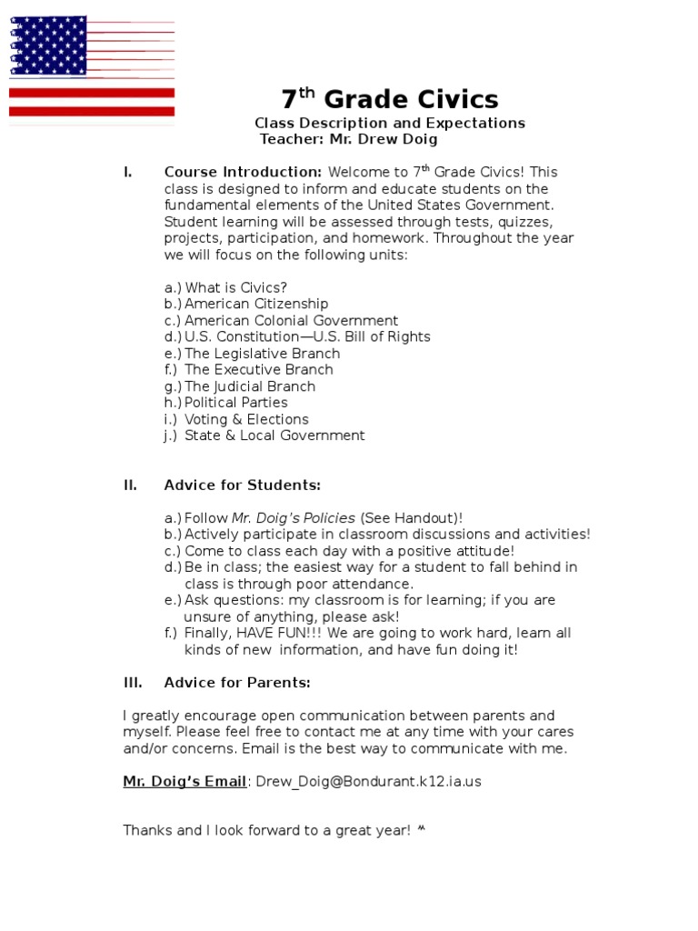 7 Grade Civics: Class Description and Expectations Teacher: Mr. Drew ...