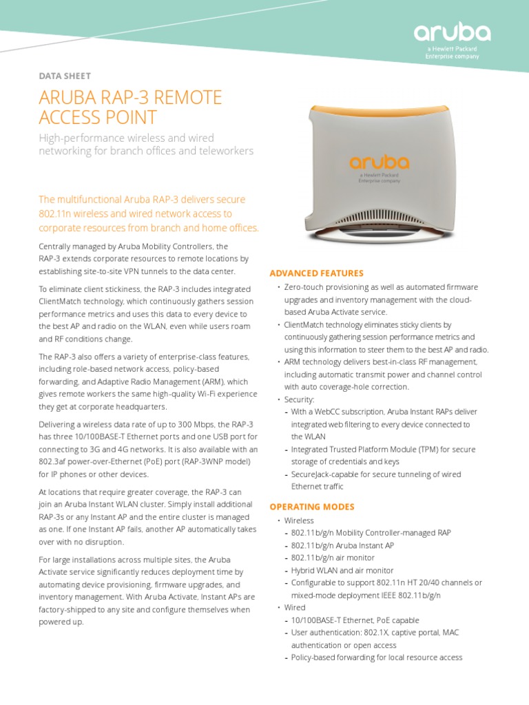Aruba Rap-3 Remote Access Point: High-Performance Wireless and Wired ...