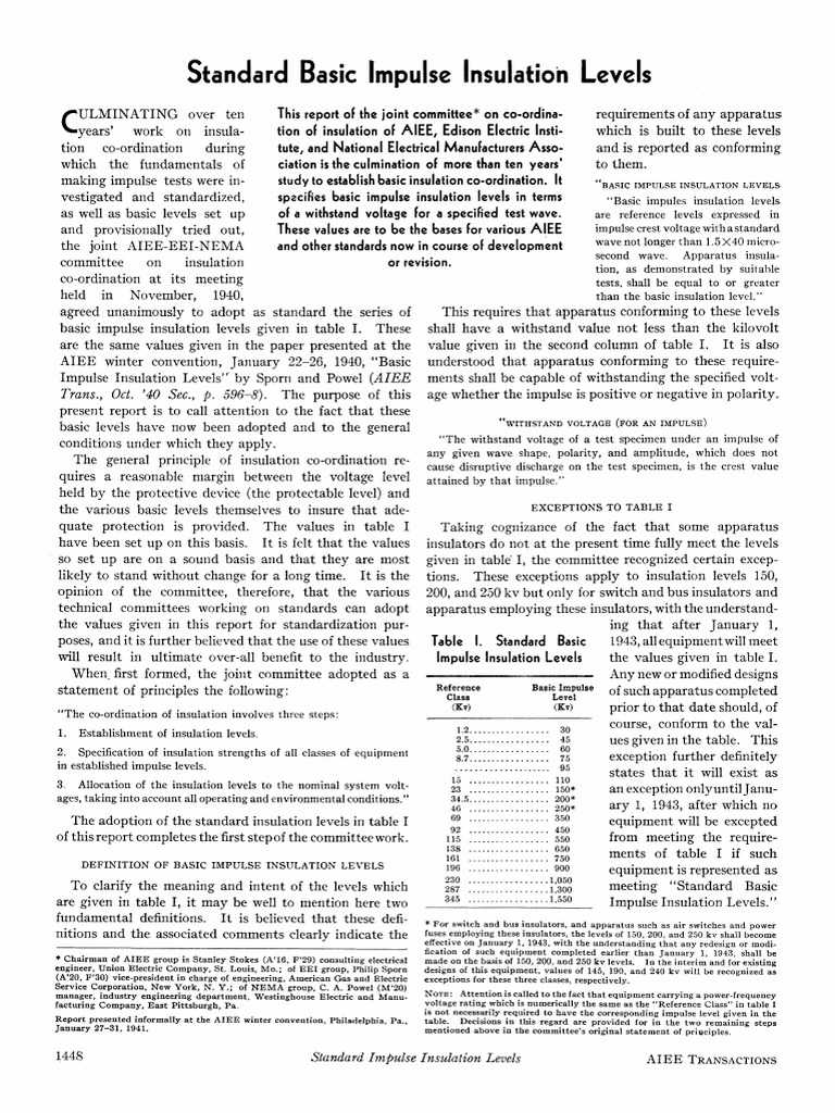 Standard Basic Impulse Insulation Levels: Commrdinatt ...