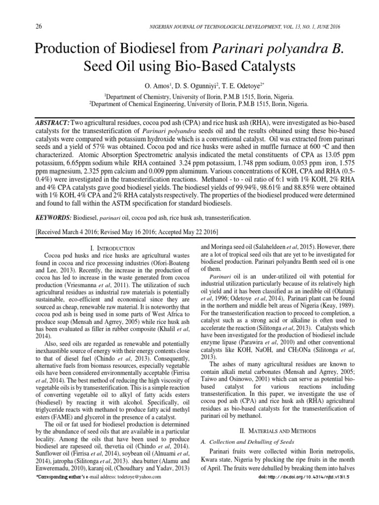 Production of Biodiesel From Parinari Polyandra B. Seed Oil Using Bio ...