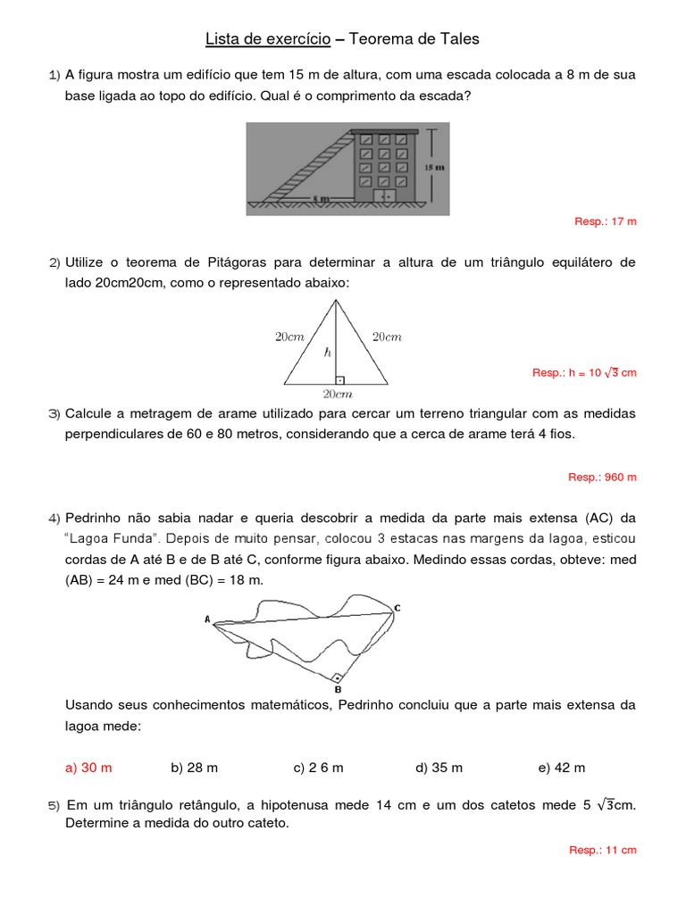 Lista De Exercício Teorema De Pitágoras Pdf