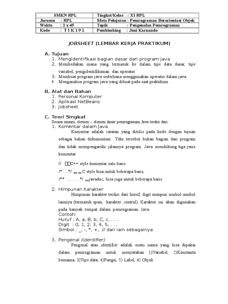 Job Sheet PBO (Pengenalan Pemrograman) | PDF | Komputer
