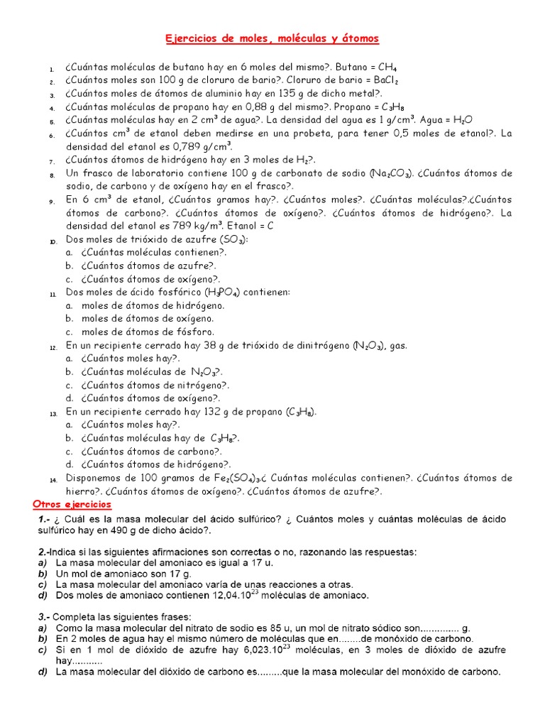 Ejercicios de Moles, Moléculas y Átomos | PDF | Ciencia y matemáticas
