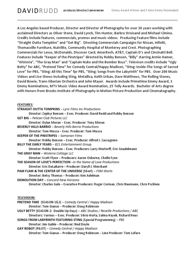 David Rudd Producer / Director / Cameraman | PDF | Entertainment ...