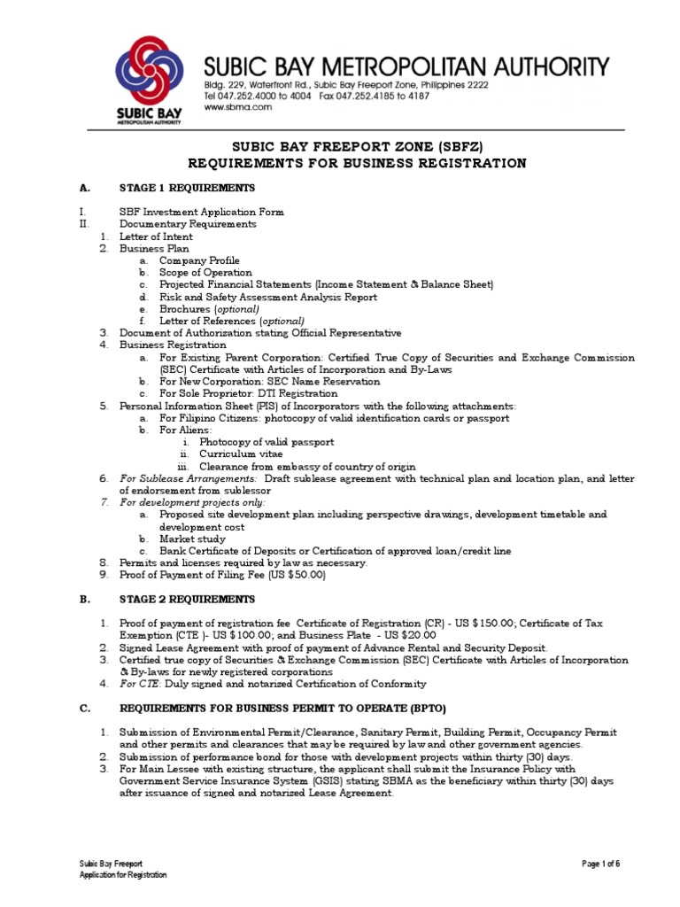 SBMA Business Registration Requirements | PDF | U.S. Securities And ...