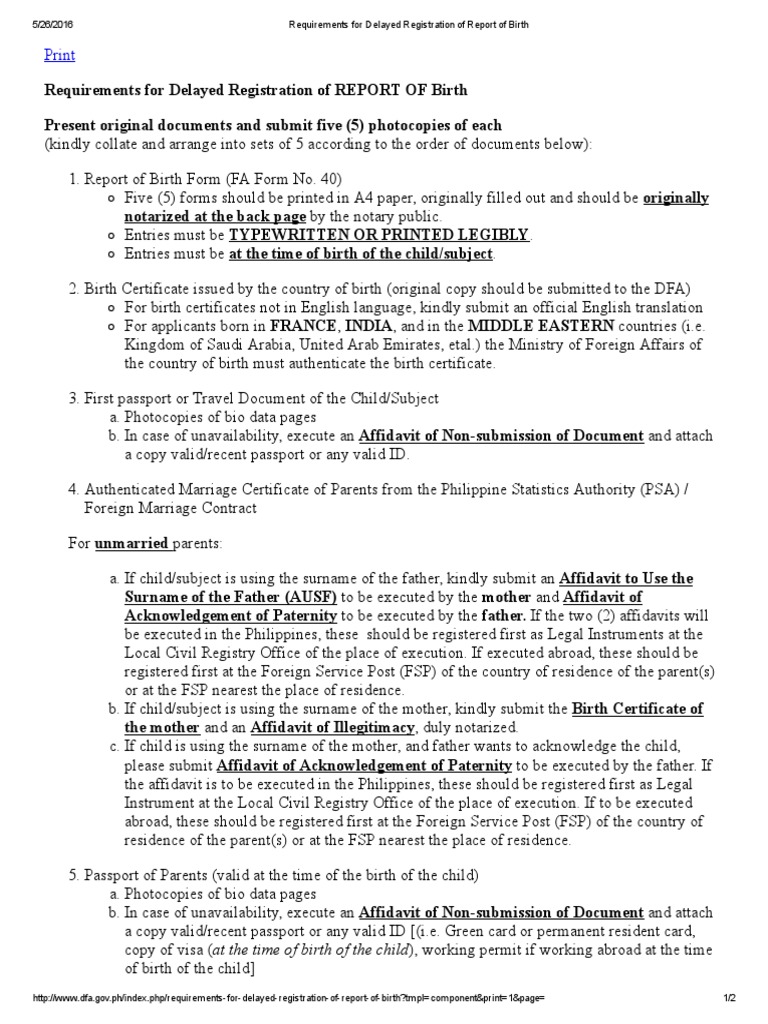 Requirements For Delayed Registration of Report of Birth | PDF | Birth ...