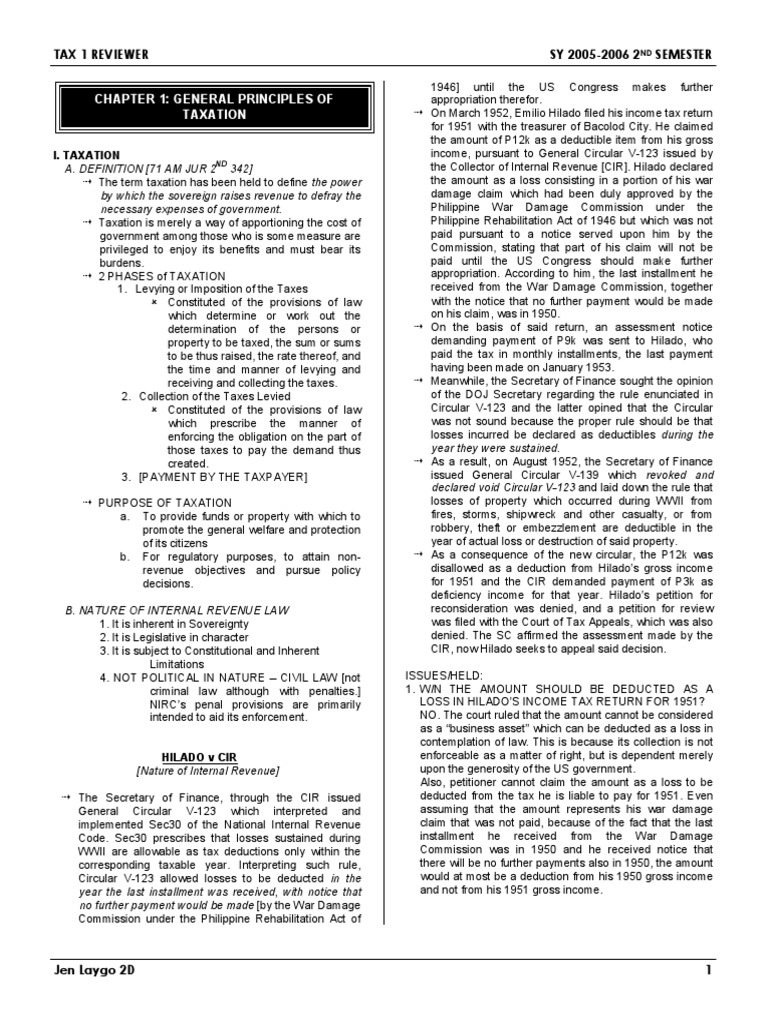 Chapter 1: General Principles of Taxation: Tax 1 Reviewer SY 2005-2006 2 Semester | PDF | Taxes ...
