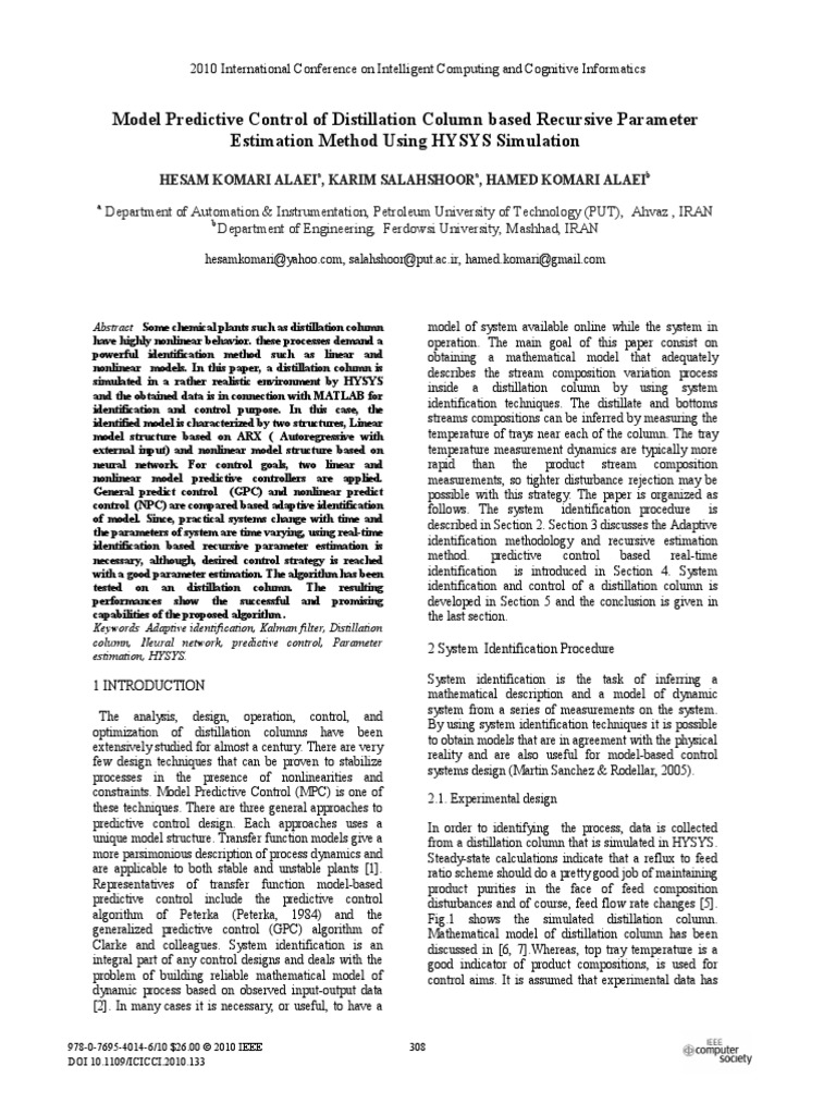 Model Predictive Control of Distillation Column Based Recursive Parameter Estimation Method ...