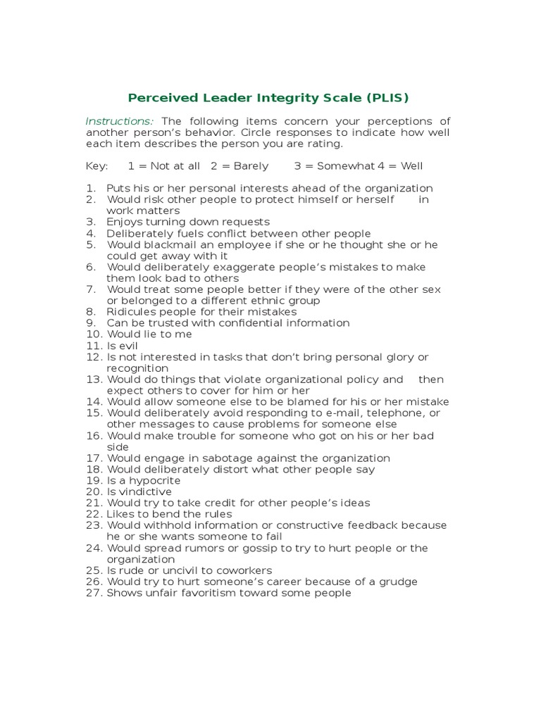 Perceived Leader Integrity Scale (PLIS) | PDF | Integrity | Leadership